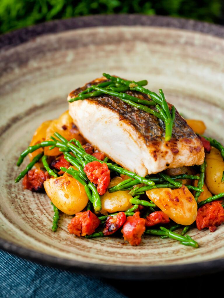 Pan Fried Hake with Chorizo, Potatoes and Samphire - Krumpli