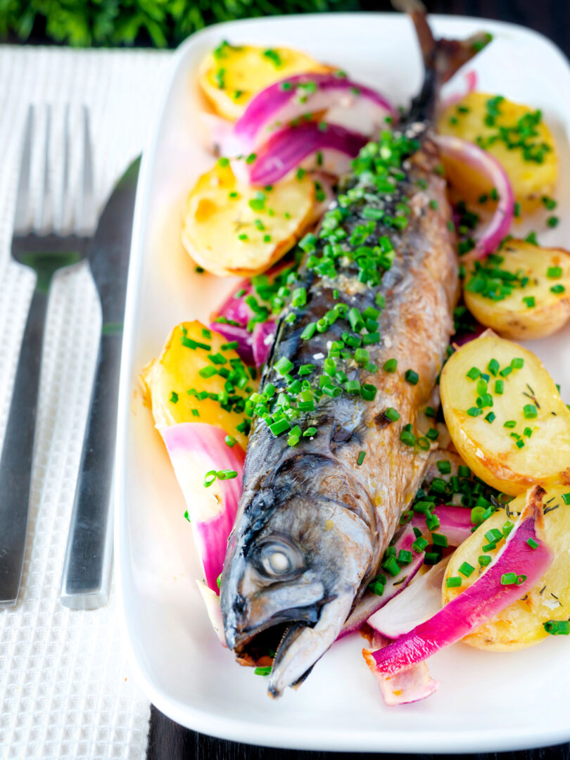 Baked Mackerel with Potatoes and Onions - Krumpli