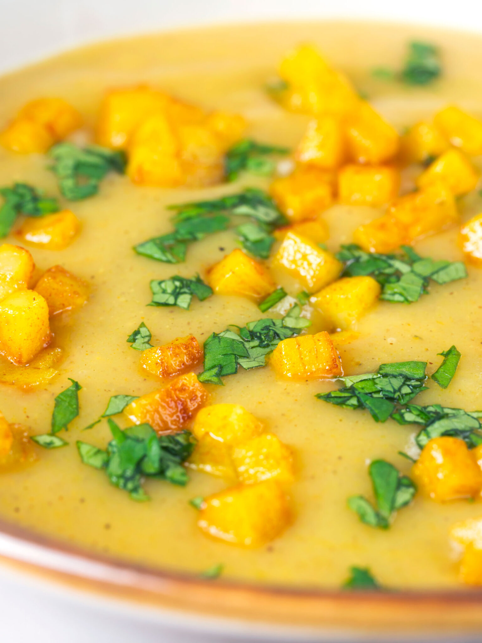 Curried Cauliflower Veloute Soup with Turmeric Potatoes - Krumpli