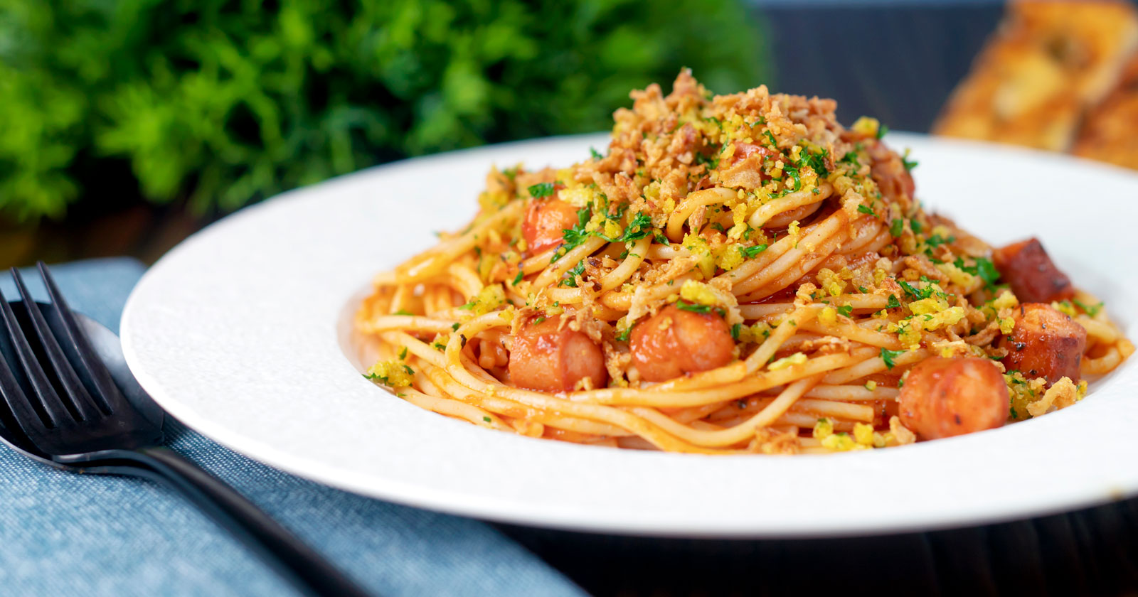 Hot Dog Pasta with Tomato Sauce and Mustard Crumb - Krumpli
