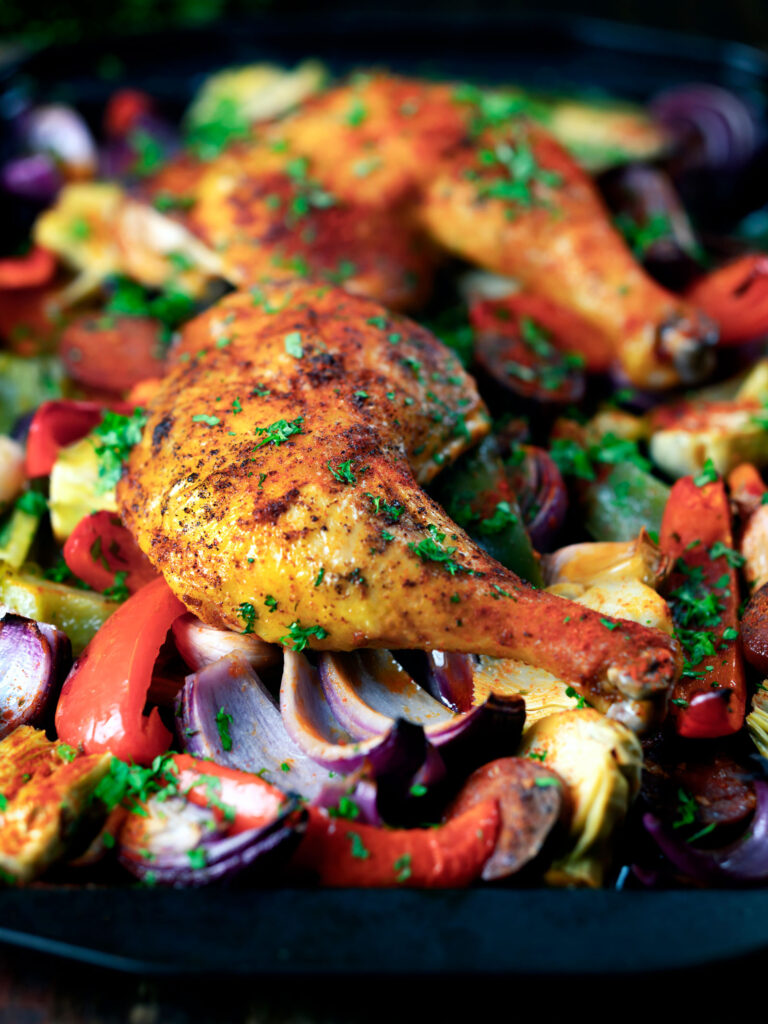 Spanish Chicken Leg and Chorizo Tray Bake - Krumpli