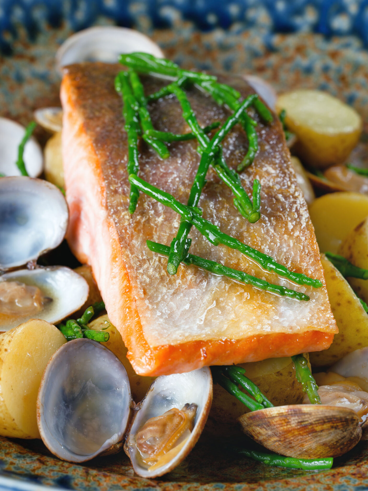 Pan Fried Sea Trout, Clams, Samphire and Potatoes - Krumpli