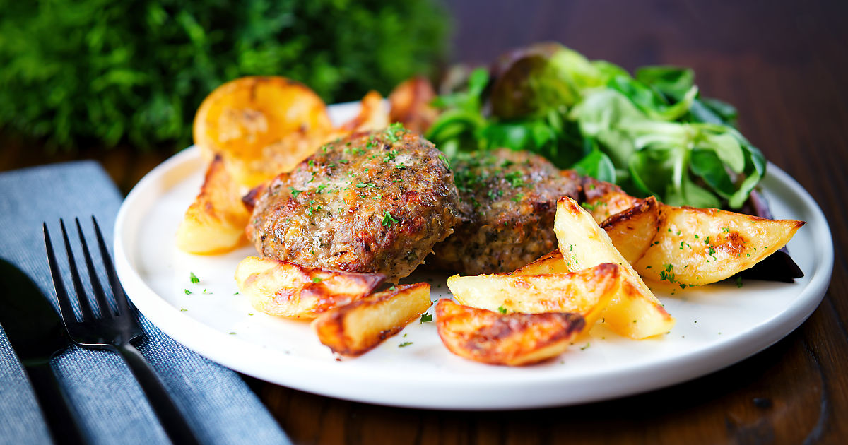 Greek Bifteki with Lemon Potatoes - Krumpli